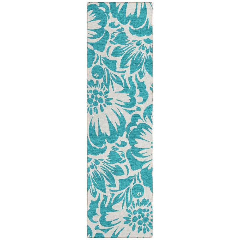 HomeRoots Teal Blue, Ivory 2 ft. x 8 ft. Woven Floral Polyester Runner ...