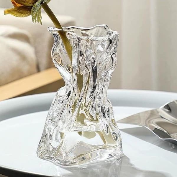 8.7 in. Tall Irregular Shaped Flower Vase with Hemp Rope, Clear Glass ...