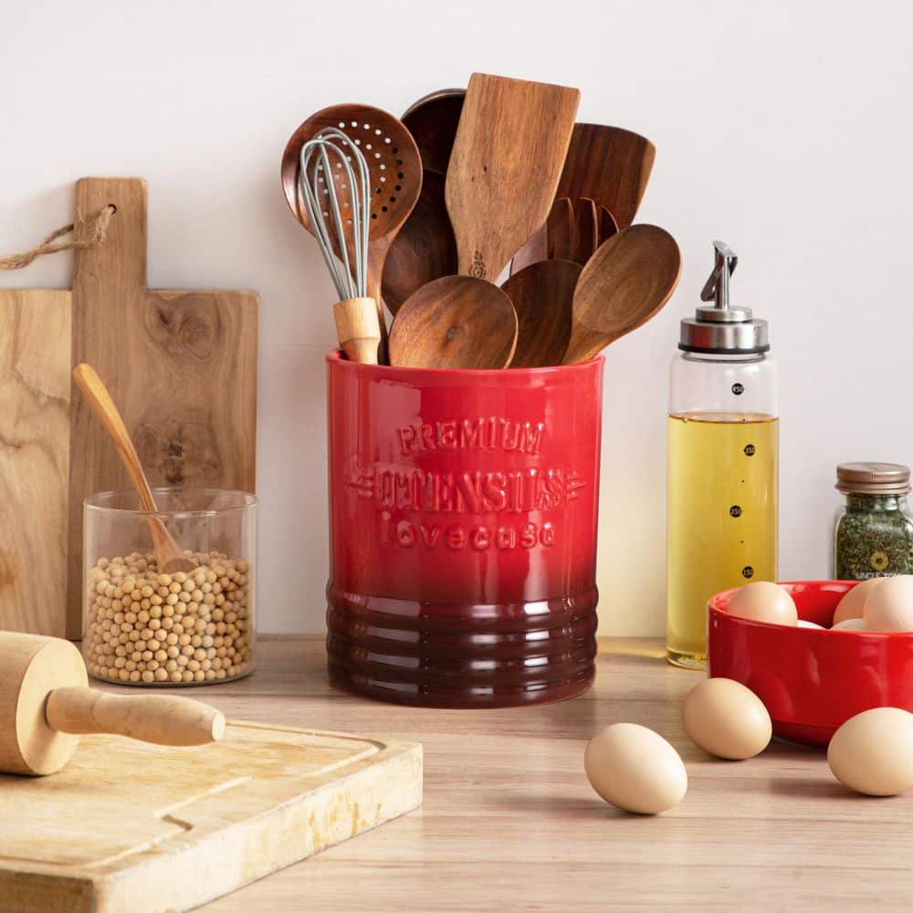 LOVECASA Red Stoneware Utensil Holder Kitchen Utensil Organizer ...