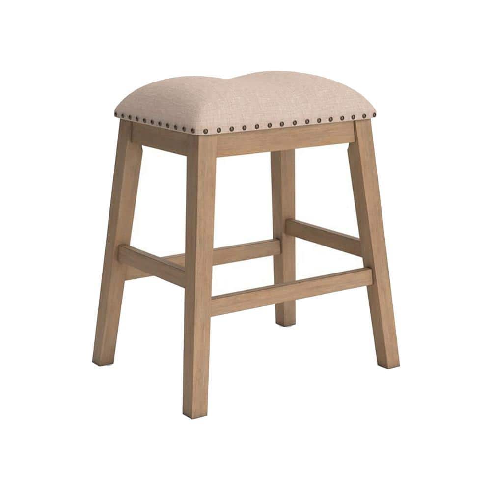 Benjara 19.13 in. Light Brown and Beige Backless Wood Frame Bar Stool ...