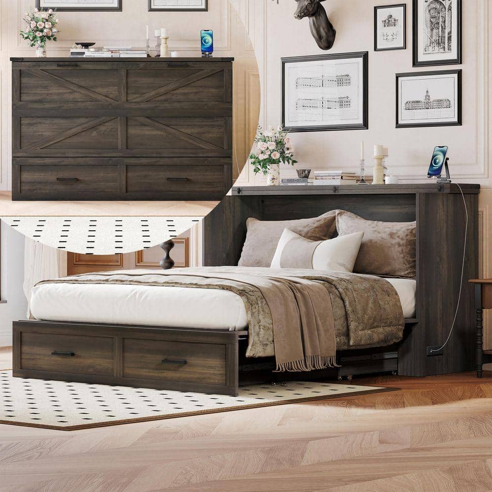 Nestfair Rustic Gray Wood Frame Queen Murphy Bed with Charging Station ...