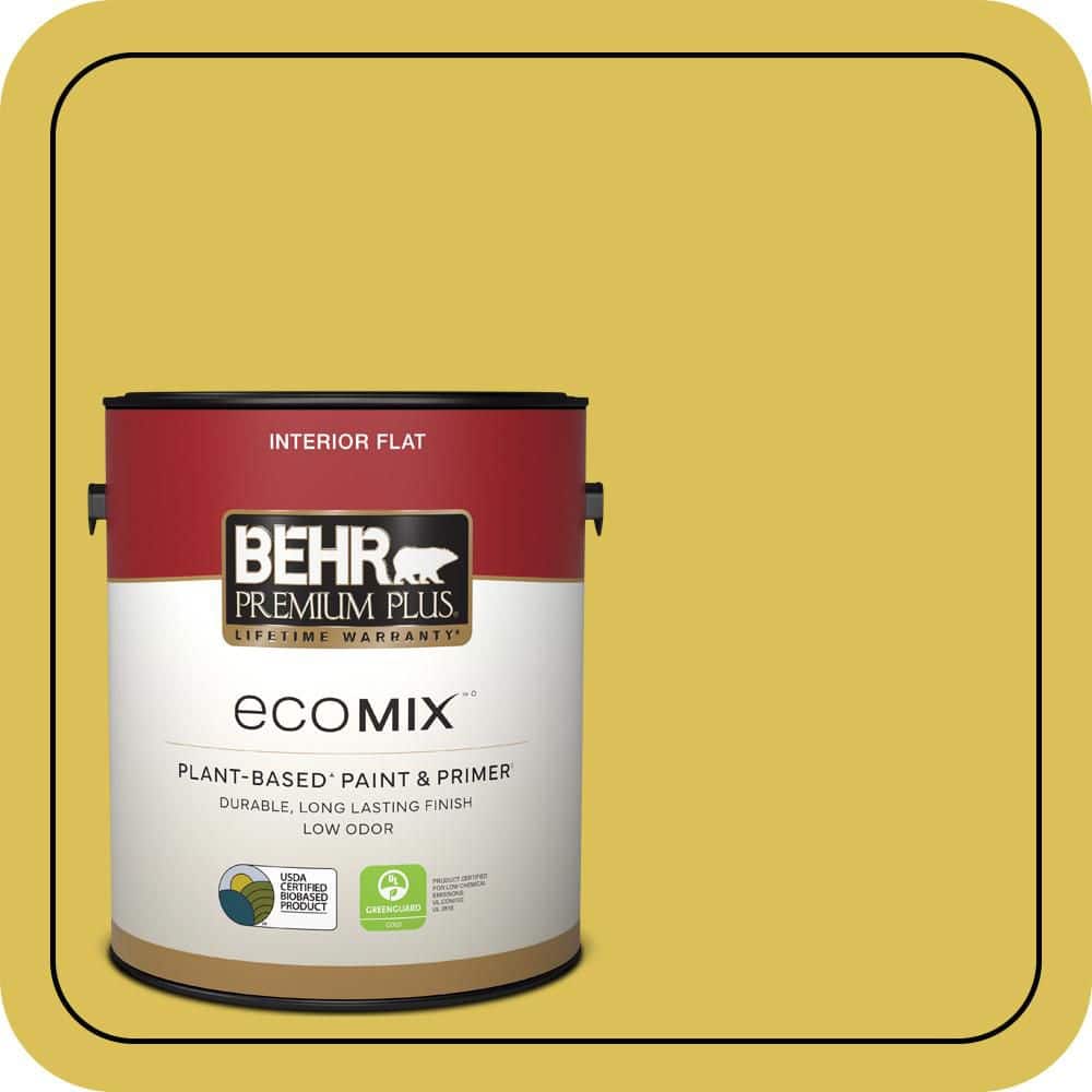 BEHR PREMIUM PLUS 1 gal. #P320-6 Sulfur Yellow Flat EcoMix Plant-Based ...
