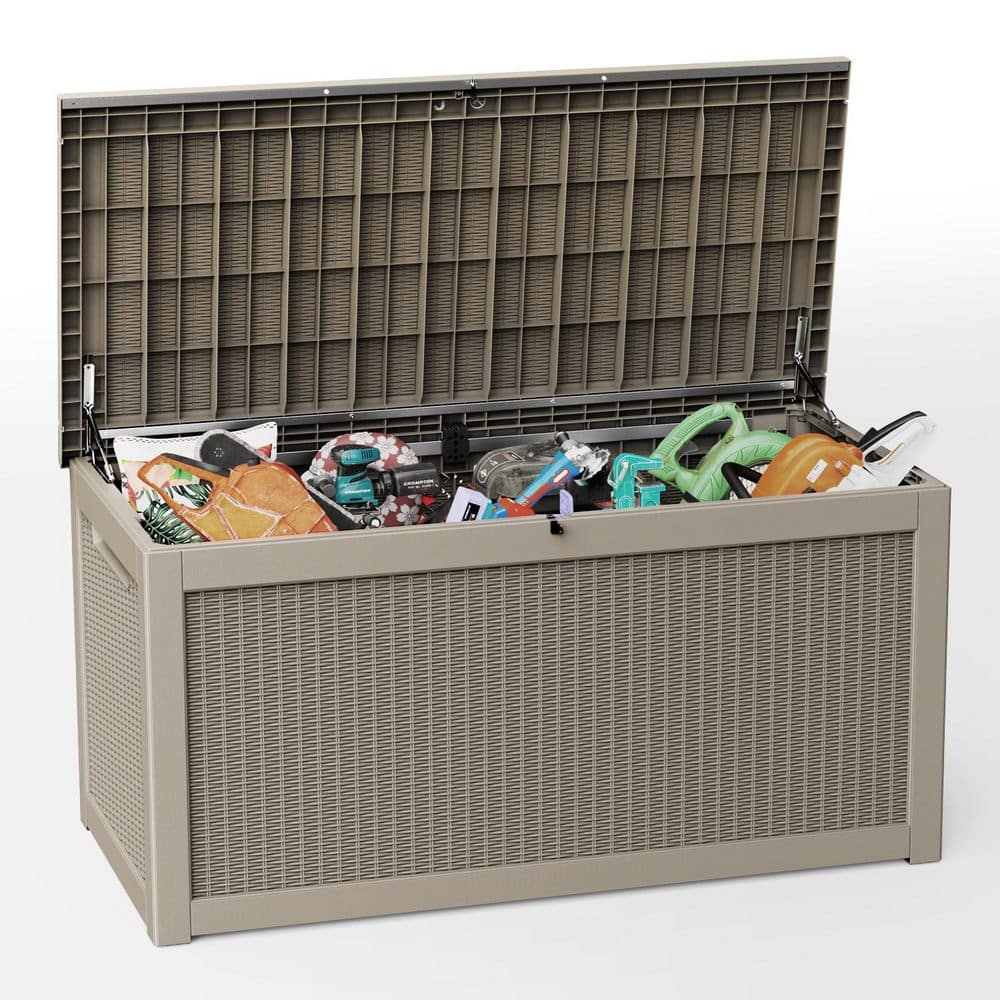 All-Weather 260 Gal. Grey Resin Deck Box Large Outdoor Storage Box with ...