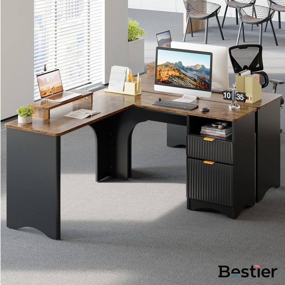 Bestier 55 in. Rustic 2-Drawers L Shaped Computer Desk with Open ...