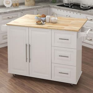 Staykiwi White MDF Kitchen Cart with 2 Doors Cabinet, 2 Open Shelves ...