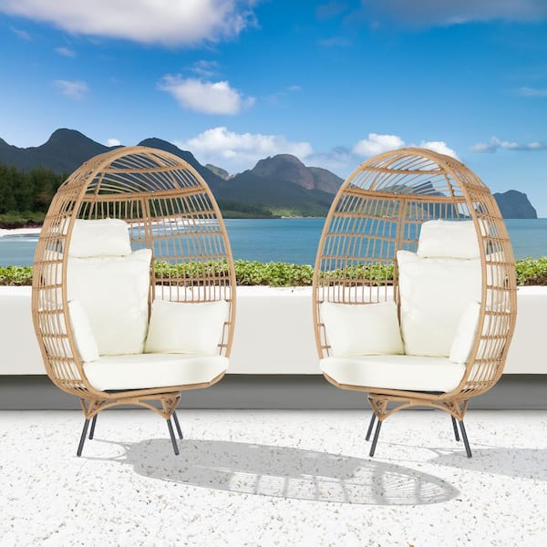 BFB 2 -Pieces Oversized Patio Brown Wicker Swivel Egg Chair, Indoor ...