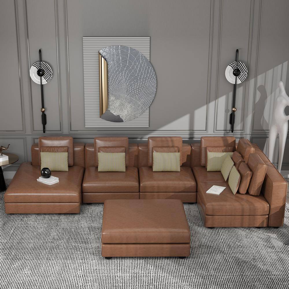 Nestfair 112.7 in. Palomino Fabric Sectional Sofa in. Brown with ...