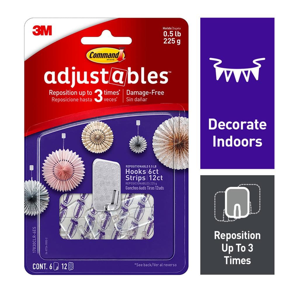 Command Adjustables 1/2 lb. Clear Repositionable Hooks (6 Hooks with 12 ...