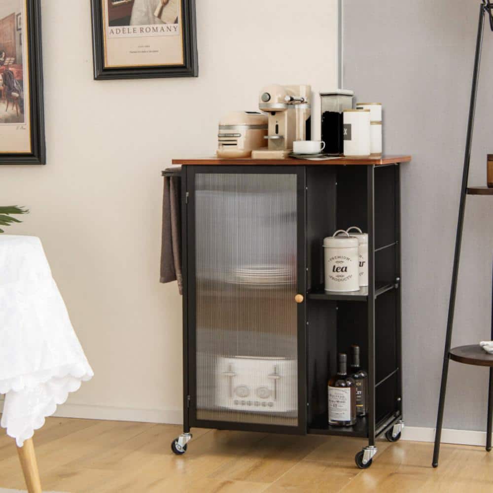 Bunpeony Black Mobile Serving Kitchen Cart with Transparent Single Door ...