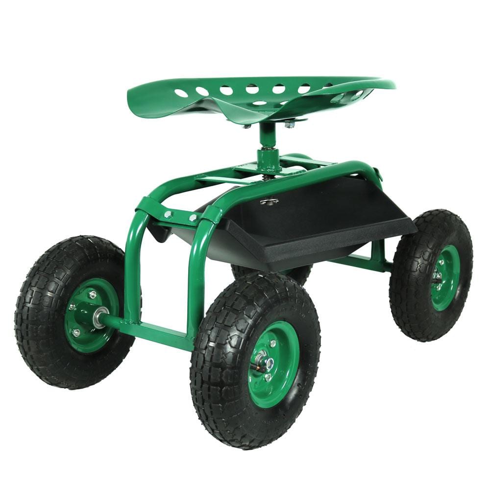 Sunnydaze Green Steel Rolling Garden Cart with 360-Degree Swivel Seat ...