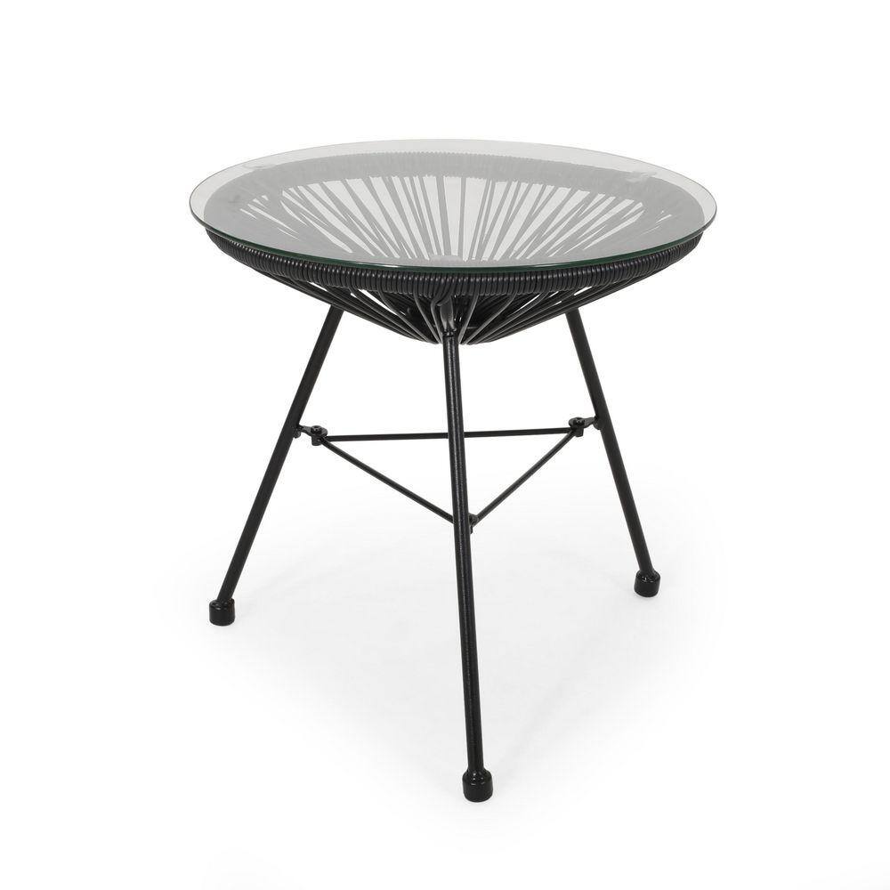 1-Piece Modern PE Rattan Black Side Table with Tempered Glass Top and ...