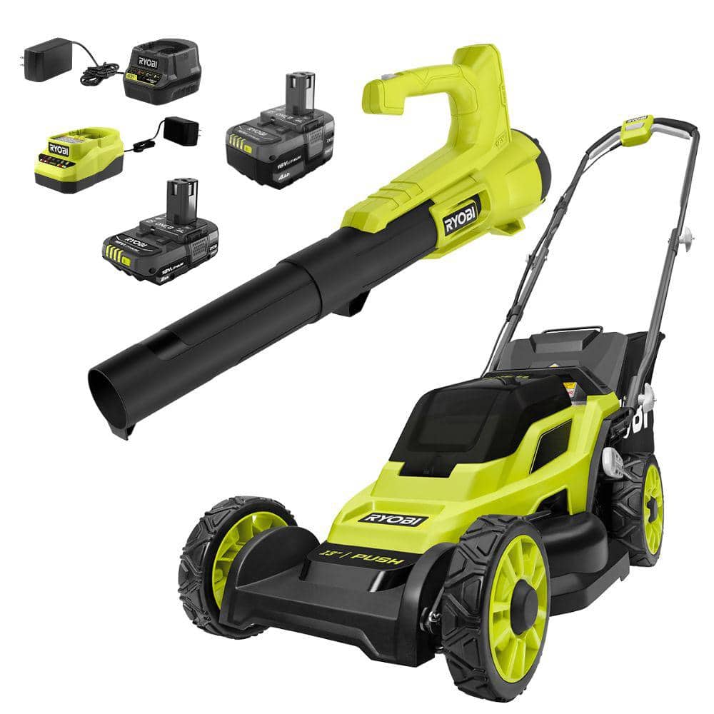 RYOBI ONE+ 18V 13 in. Cordless Battery Walk Behind Push Lawn Mower and ...