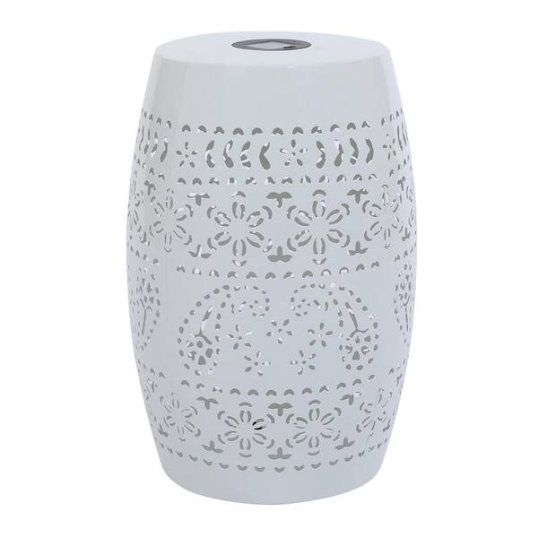 Noble House Pearla White Iron Outdoor Patio Side Table with Solar ...