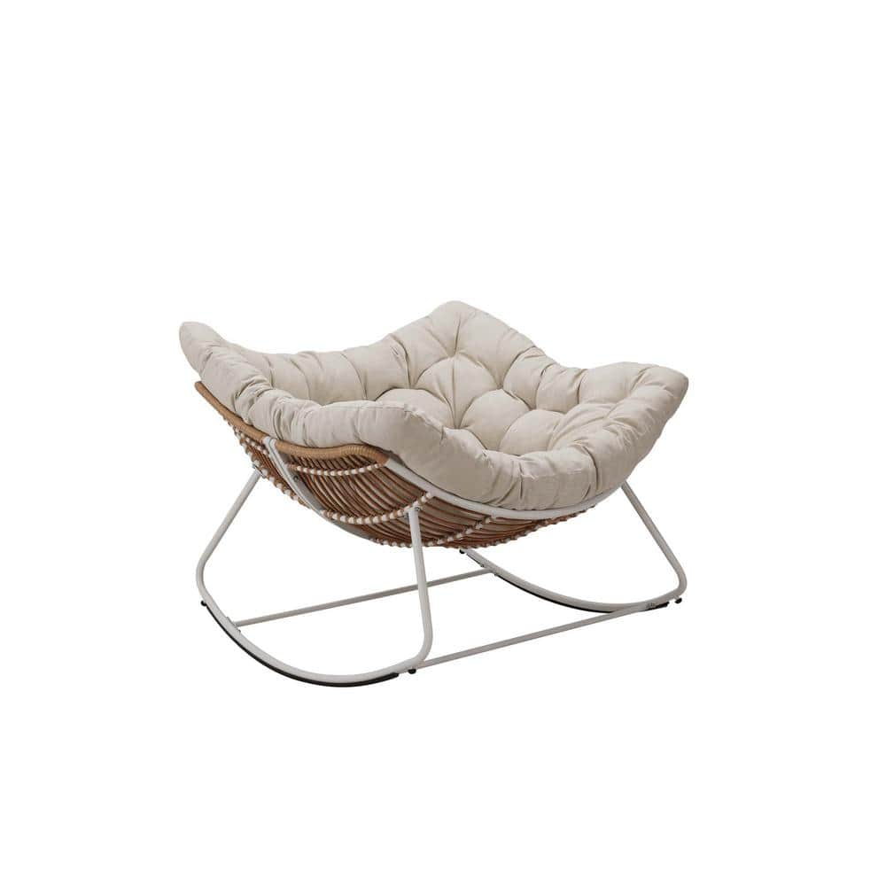 Zeus & Ruta White Metal Outdoor Rocking Chair with Beige Cushions (1 ...