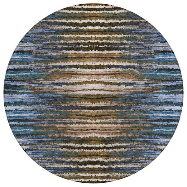 HomeRoots Blue, Brown, Sky 8 ft. Round Woven Striped Polyester Round ...