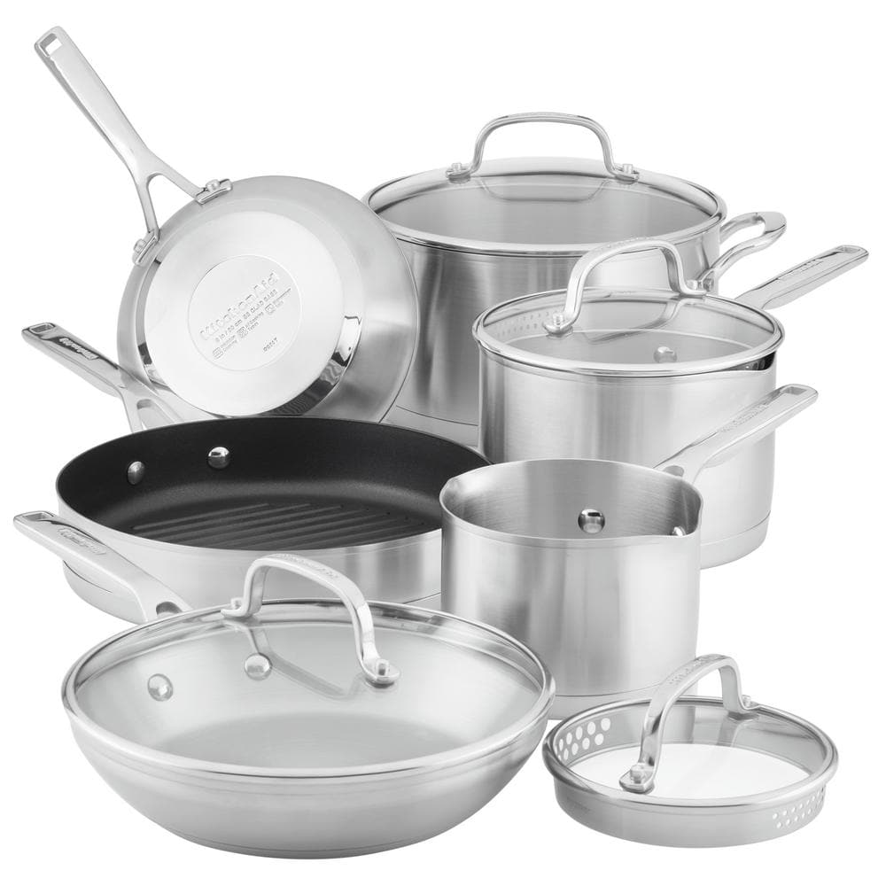 KitchenAid 3-Ply Base 10-Piece Stainless Steel Cookware Set in Brushed ...