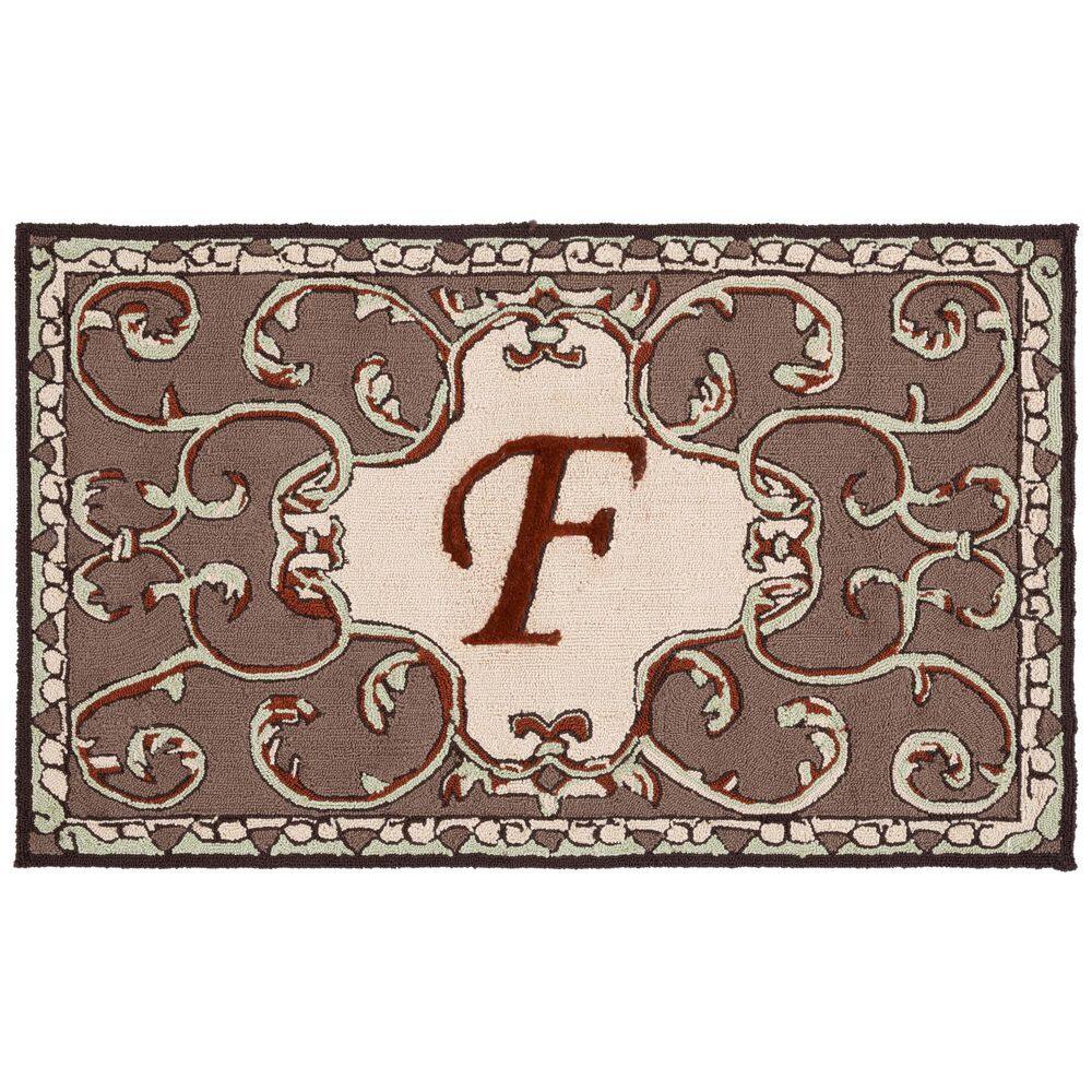 SAFAVIEH Monogram Mocha 3 ft. x 4 ft. "F" Ornate Floral Indoor/Outdoor ...