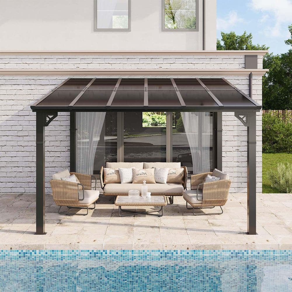 Sizzim 12 ft. x 10 ft. Patio Covers with Metal Roof Wall-Mount Gazebo ...