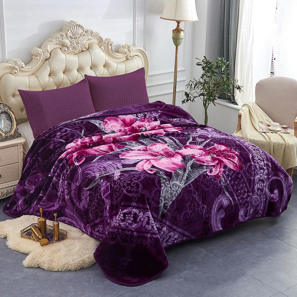 JML Purple 85 in. x 95 in. Polyester Warm Thick Raschel Mink Blanket ...