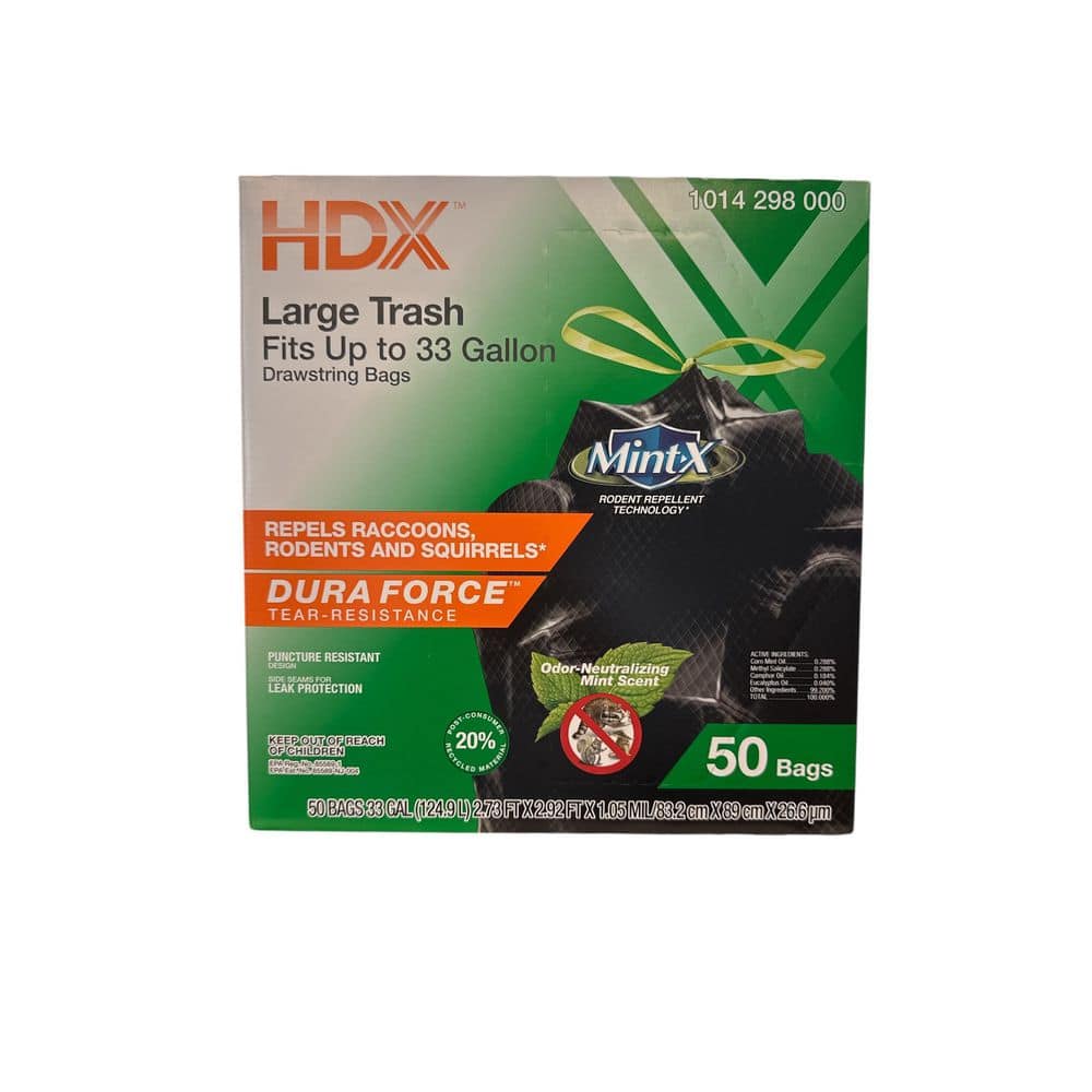 HDX 33 Gal. Black Rodent-Repellent Draw String Large Trash Bag (50 ...
