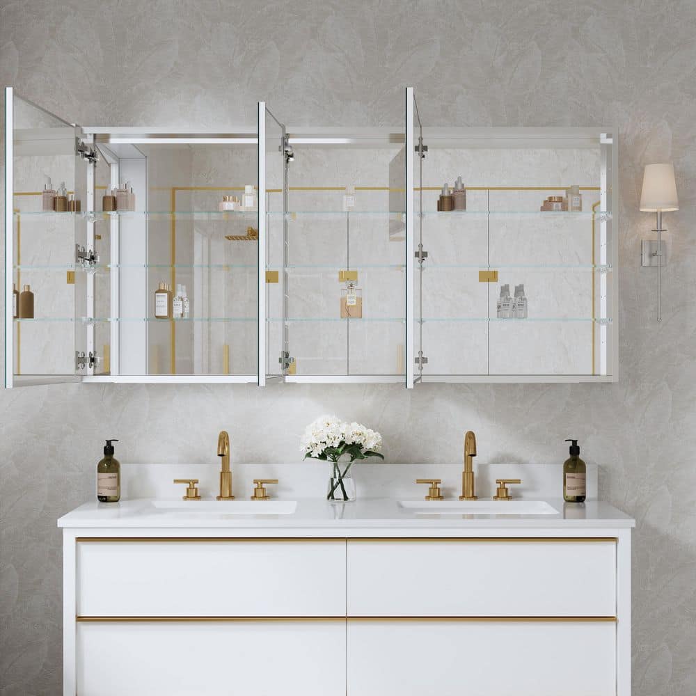 WELLFOR ROSA 64 in. W x 30 in. H Rectangular Aluminum Tri-View Medicine Cabinet with Mirror ...