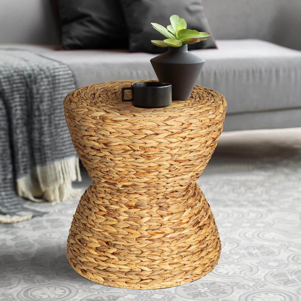 HOUSEHOLD ESSENTIALS 16.9 in. Natural Round Wicker Hourglass Accent End ...