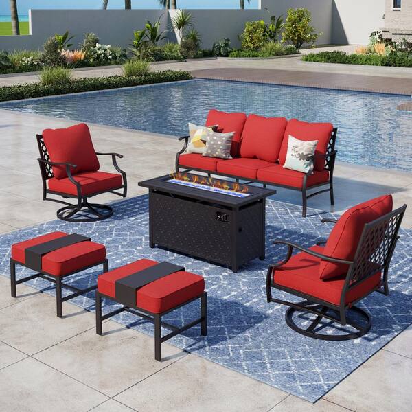 PHI VILLA Black Metal Meshed 7 Seat 6-Piece Steel Outdoor Fire Pit ...