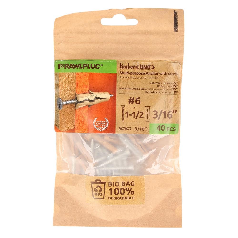 RAWLPLUG Uno Timber Multi-Purpose Drywall Anchors 3/16 with Screws #6 x ...