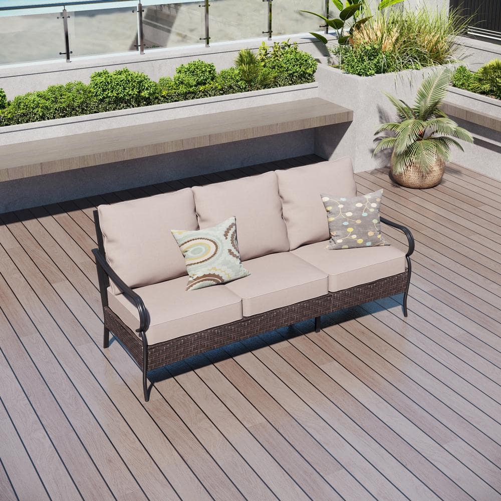 Reviews for PHI VILLA Black Metal Frame Dark Brown Rattan Wicker Outdoor Patio 3 Seat Sofa Couch ...