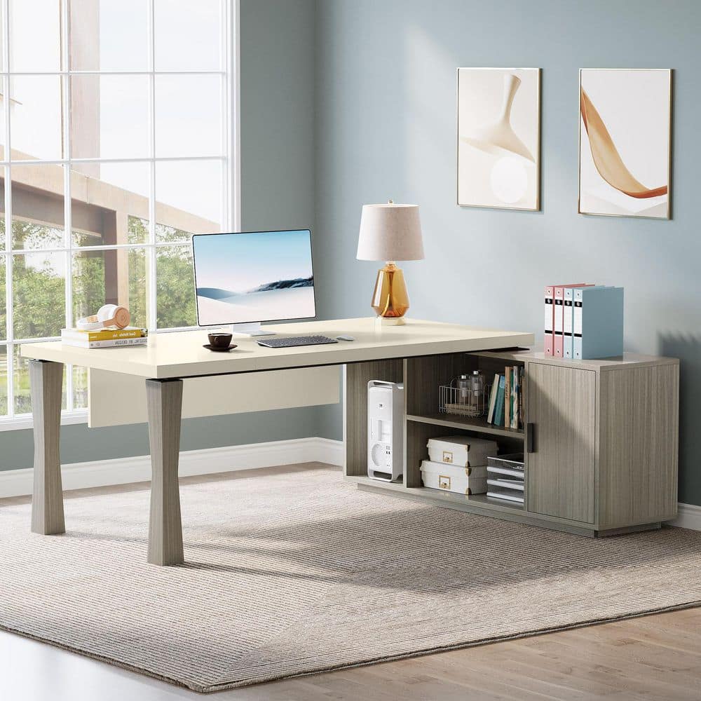 BYBLIGHT Lanita 78.7 in. L-Shaped Gray Wood Executive Desk with Cabinet ...