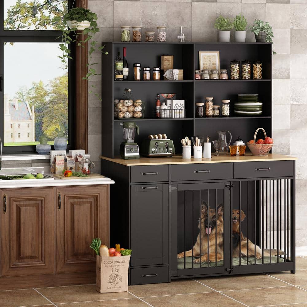 FUFU&GAGA Large Dog Crate Storage Cabinet, Wooden Heavy Duty Dog Crate Kennel with Shelf and 3 ...