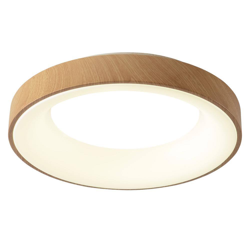 OUKANING 18.5 in. 1-Light Modern Wood 3 Colors Selectable LED Flush ...