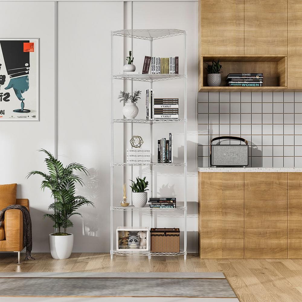 FUNKOL 6-Tier Heavy Duty Steel Wire Corner Shelving Unit in White (20 ...