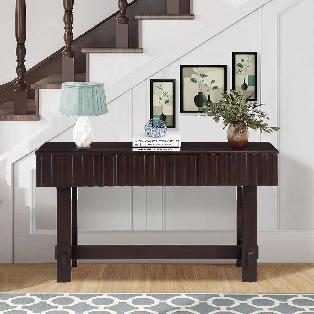 Noble House Luna 52 in. Brown Rectangle Wood Console Table with Fluted ...