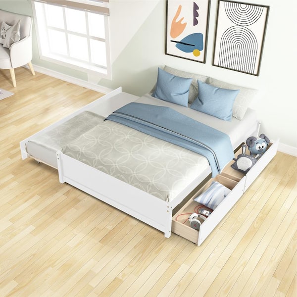 ANBAZAR White Full Size Platform Bed with Twin Trundle and 2 Drawers Wood Kids Captain Platform Bed Frame with Wood Slats 01566ANNA K The Home Depot