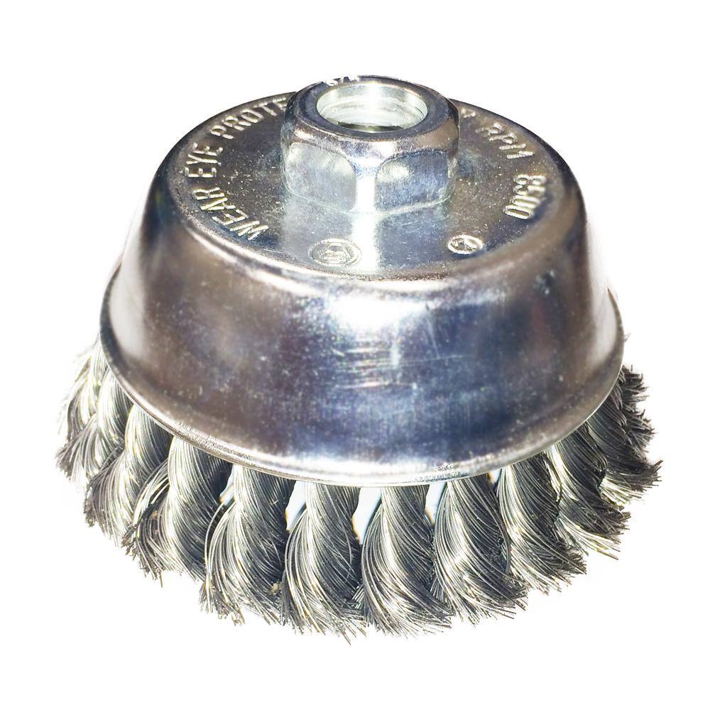 Robtec 4 in. x 5/8 in.-11 Threaded Arbor Twist Wire Cup Brush 0.014 in ...