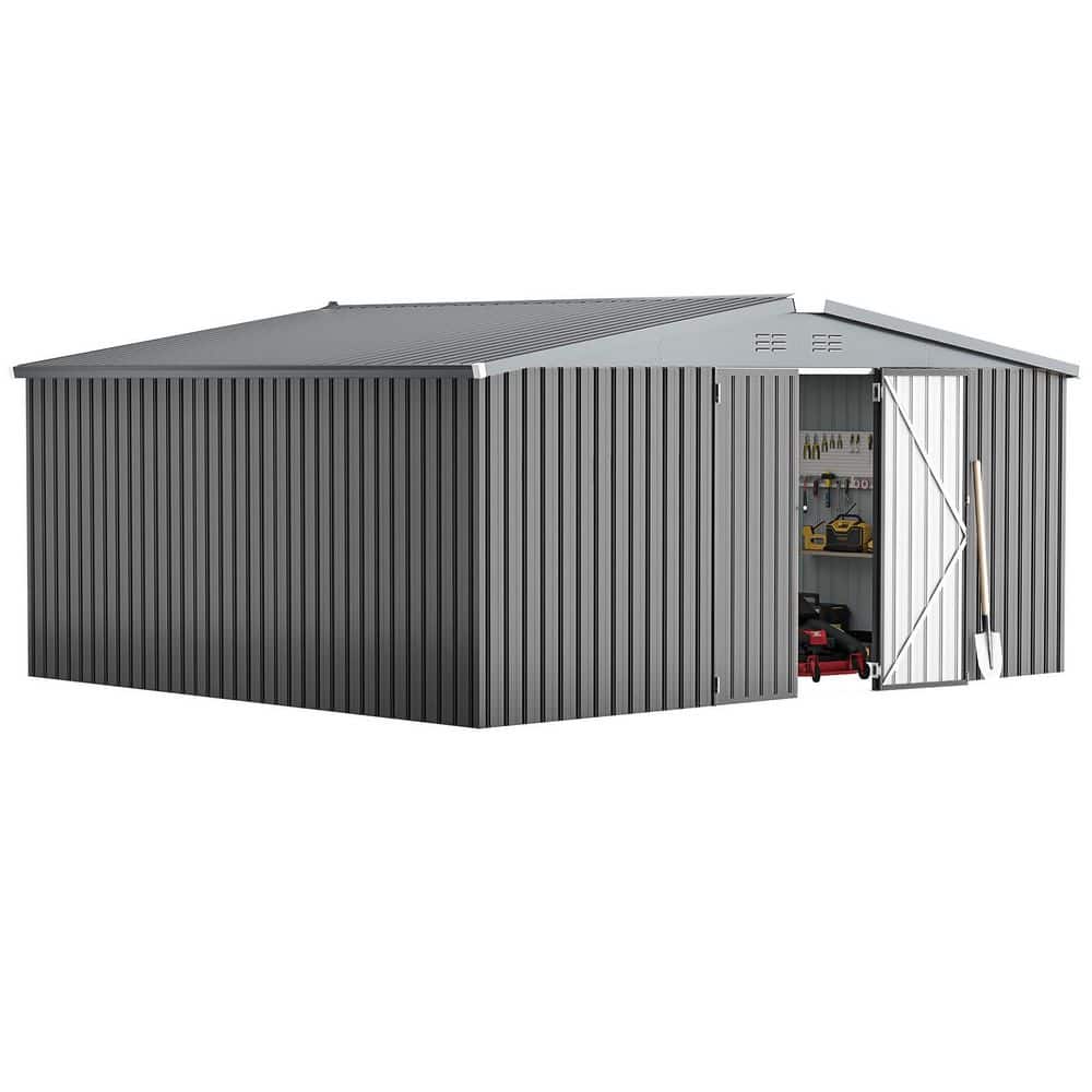 AECOJOY 14 ft. W x 12 ft. D Metal Shed with Double Lockable Doors, Dark ...