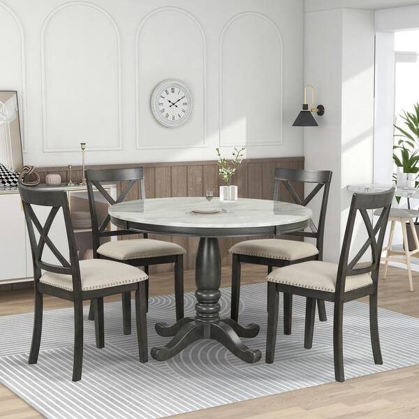 Elegant 5 Piece Gray Faux Marble Top Dining Set Seats 4