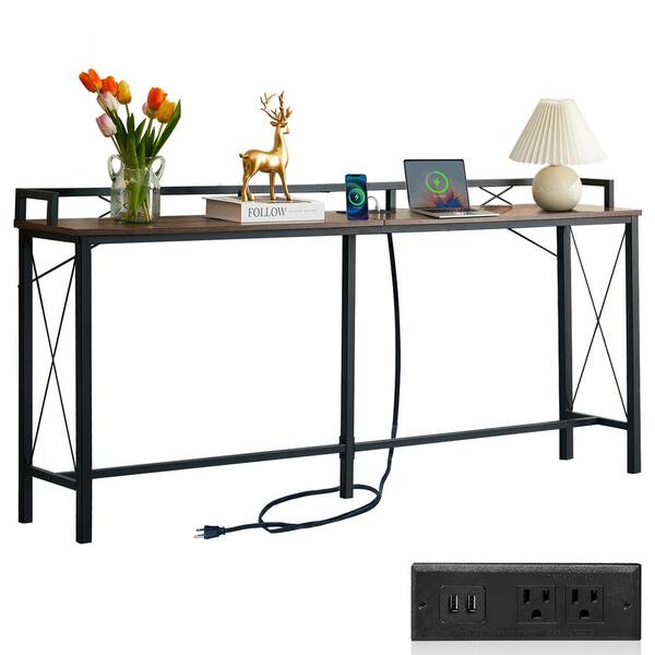 VECELO Narrow Charging Station 70.9 in. Brown Rectangle Wood Console ...