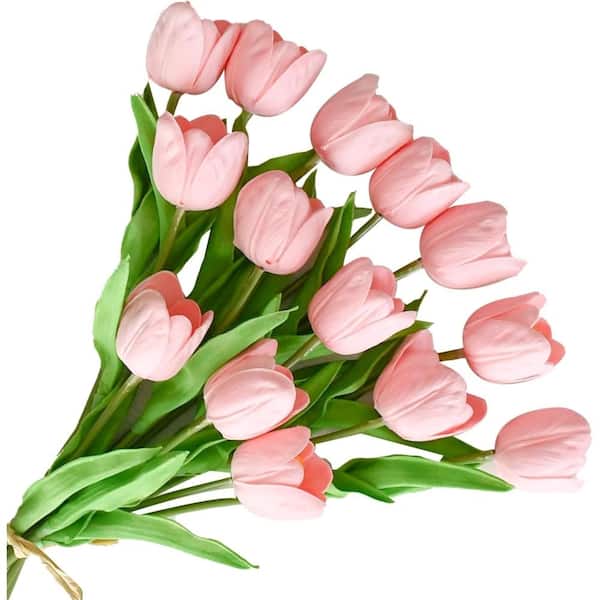 Artificial Light Pink Partially Open Tulips 12 Pcs – 13.5 Inch PU Faux ...