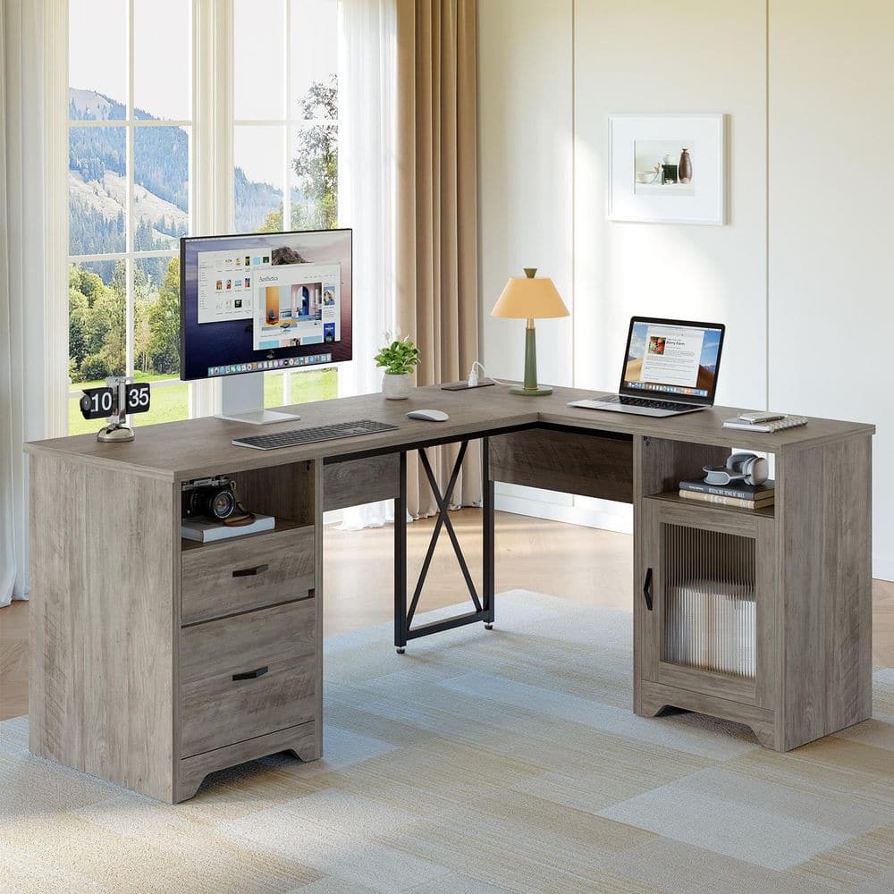 Bestier 63" L Shaped Gray Wood Corner Desk with Sunlight Door and Power ...