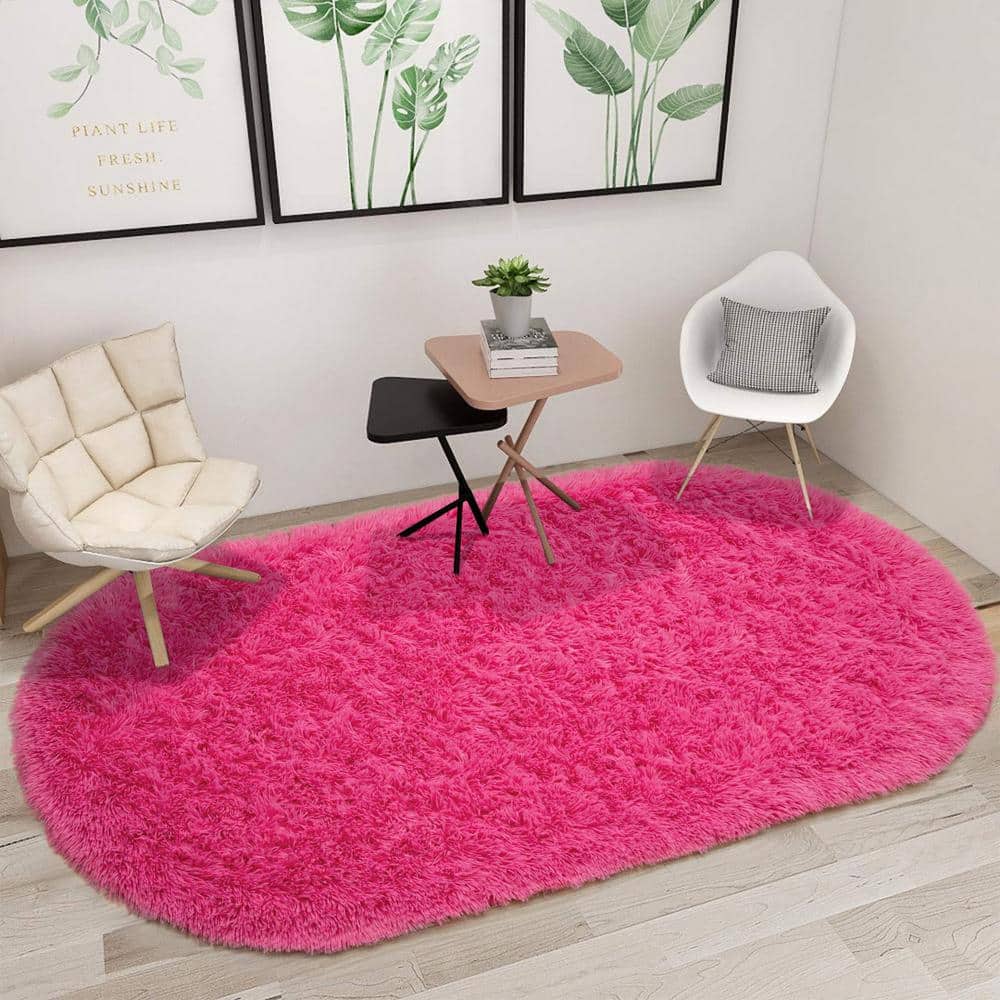 Hot-pink 2.6 ft. x 5.3 ft. Oval Fluffy Ultra Soft Carpet Area Rug ...