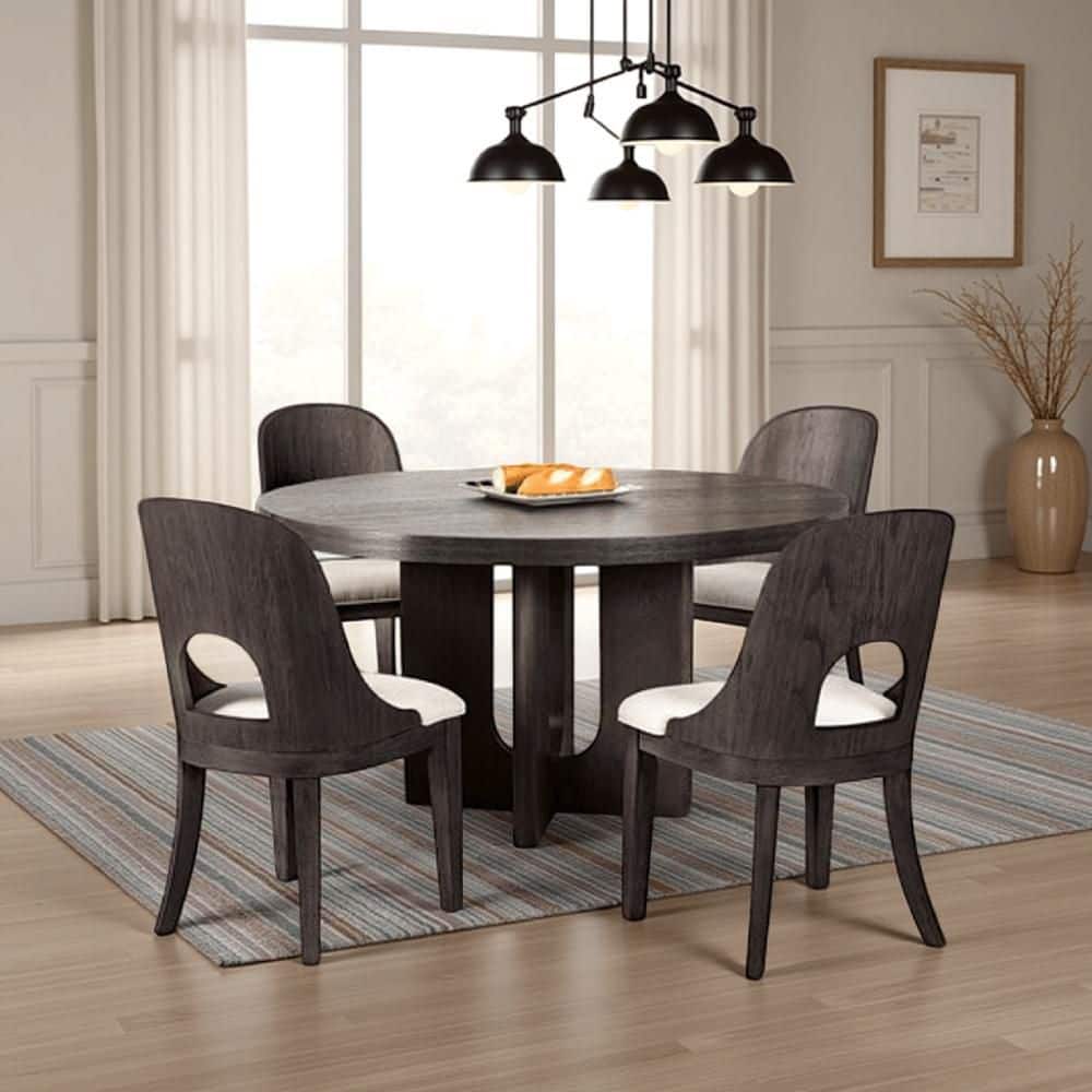 Benjara Zoko Ash Gray Solid Wood 54 in. Pedestal Dining Table Seating ...
