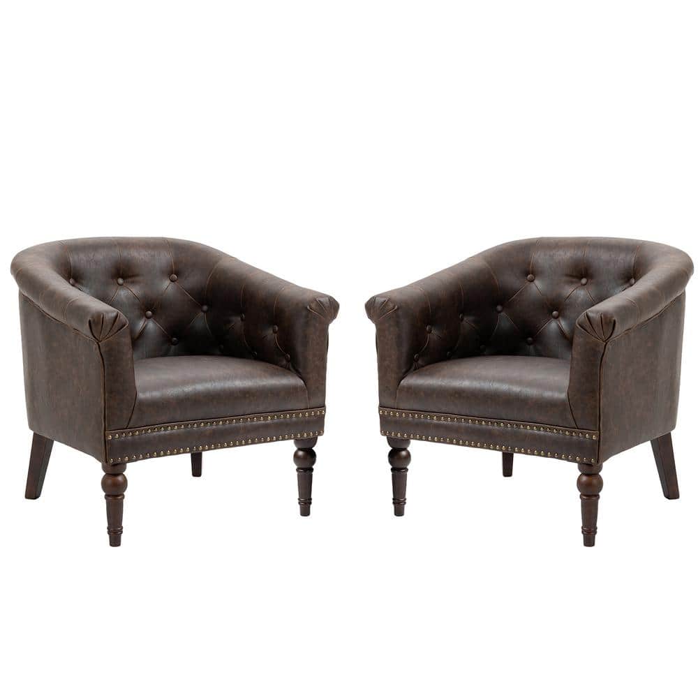 Uixe Mid-Century Chocolate PU Leather Button Upholstered Accent Chair ...