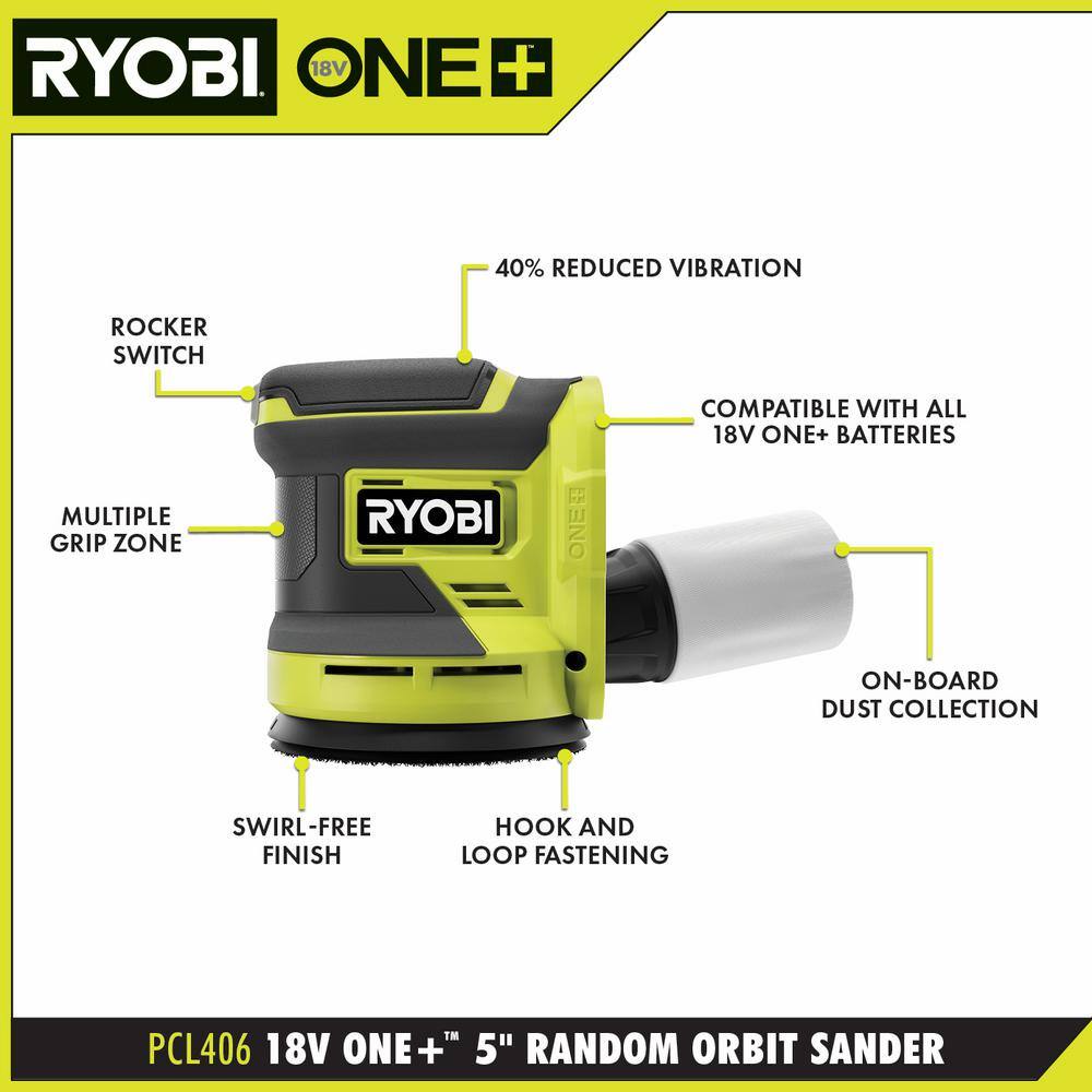 RYOBI ONE+ 18V Cordless 5 in. Random Orbit Sander (Tool Only) PCL406B ...
