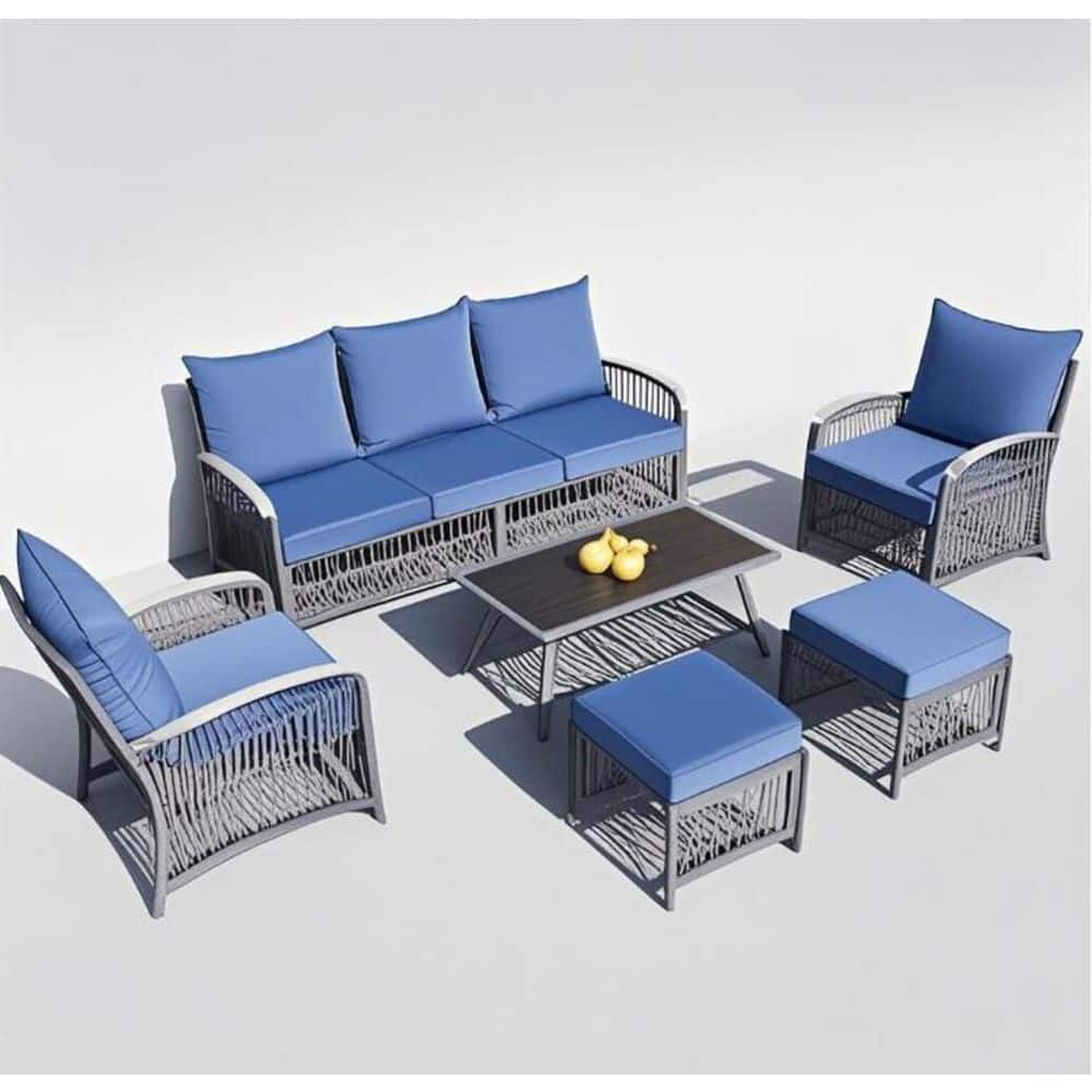 6-Pieces Metal Outdoor Sectional Set with Blue Cushions and Table WZX ...