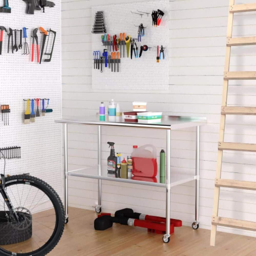 Stainless Steel 48 in. Adjustable Kitchen Prep Table with Wheels ...