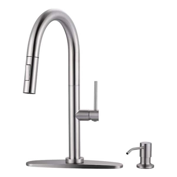 WOWOW 15.3 in. Single Handle Pull Down Sprayer Kitchen Faucet with Soap Dispenser and 360° Spout ...