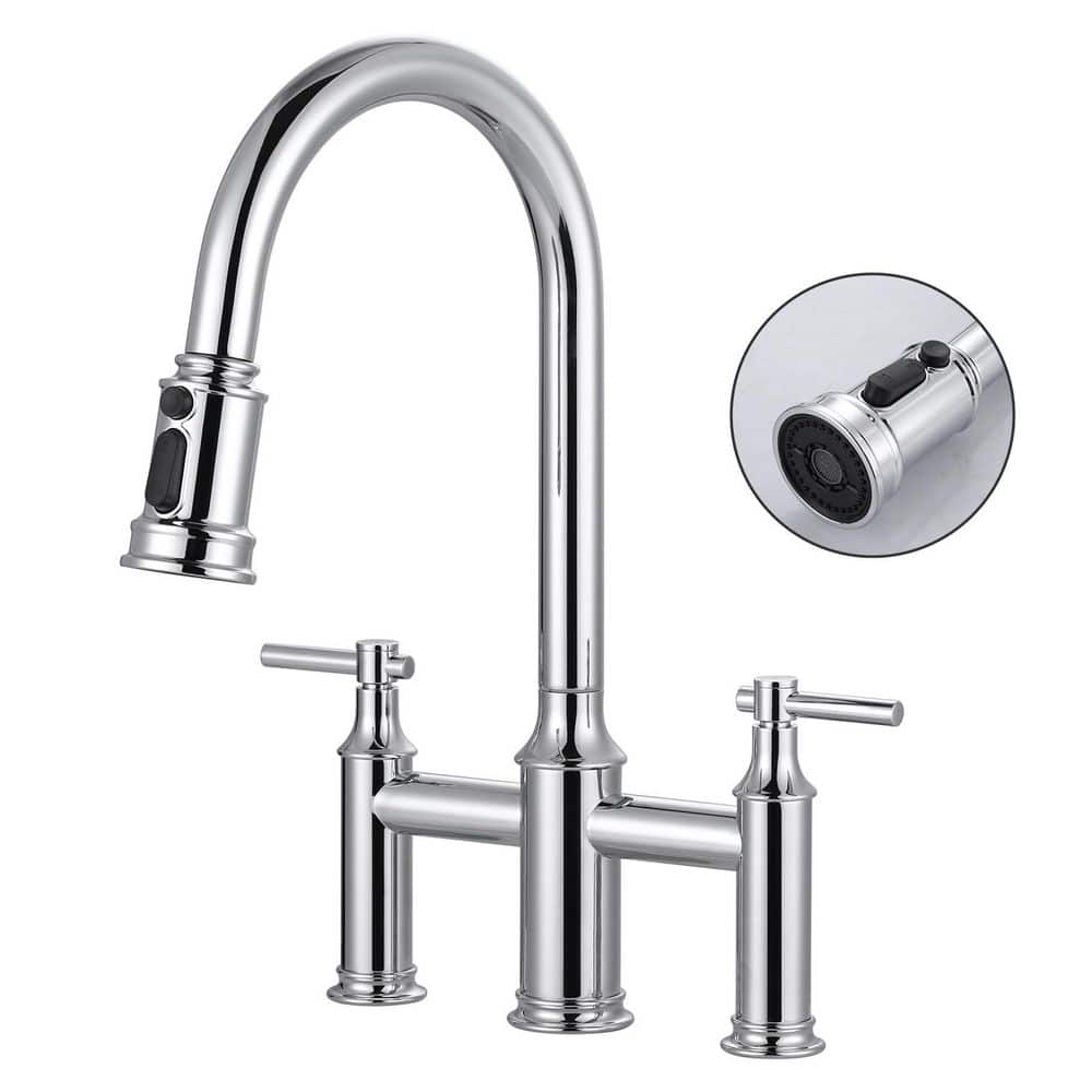 AVITAS Brass Double Handles High Arc Bridge Kitchen Faucet with 3-Spray ...