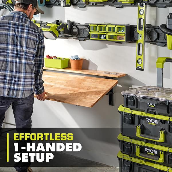RYOBI Wall Mounted Stow Away Worktable with USB Lithium Clamp Fan Kit ...